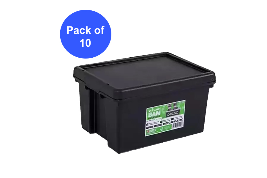 Buy Black Recycled 16L Heavy Duty Box & Lid (Pack of 10) - Plastic ...
